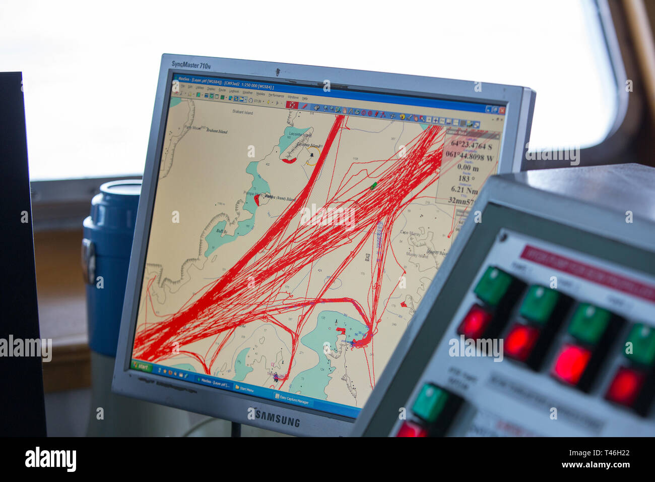 A monitor on the bridge of an Antarctic cruise ship showing the tracks ...