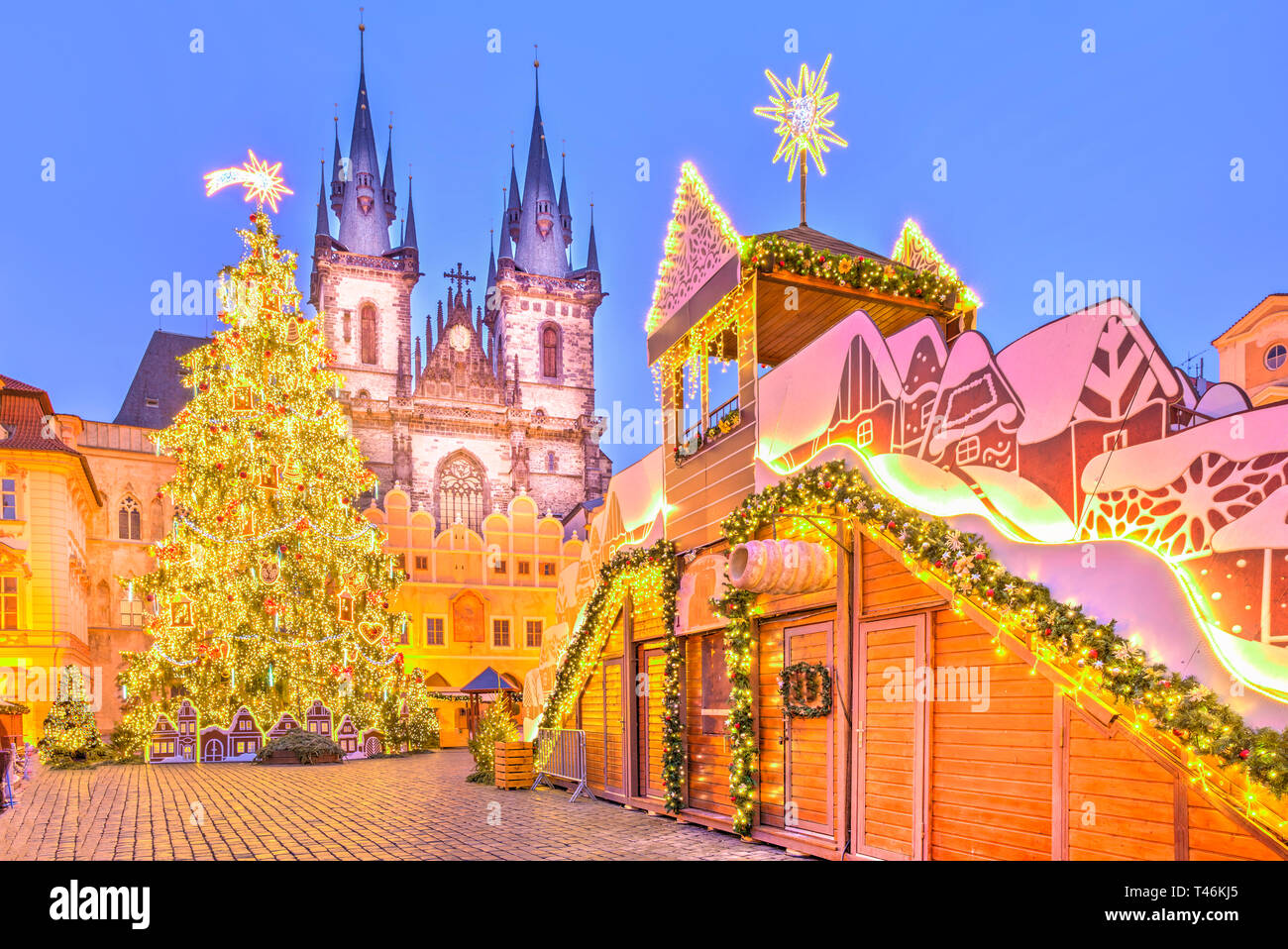 Christmas tree and fairy tale Church of our Lady Tyn in Prague, Czech ...