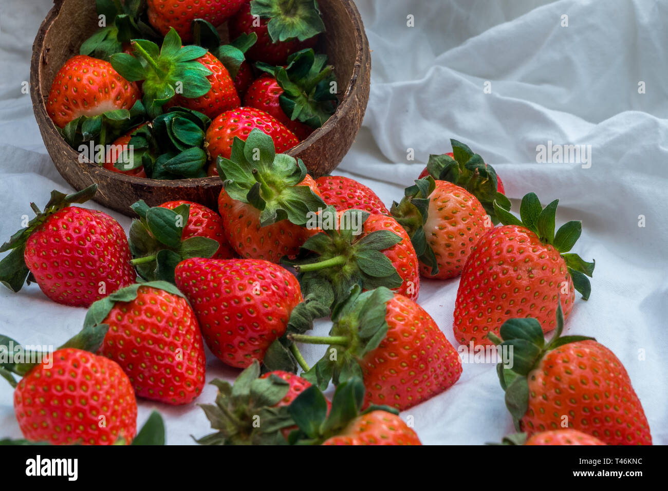 Fresh strawberries in a coconut shell on white background Stock Photo ...