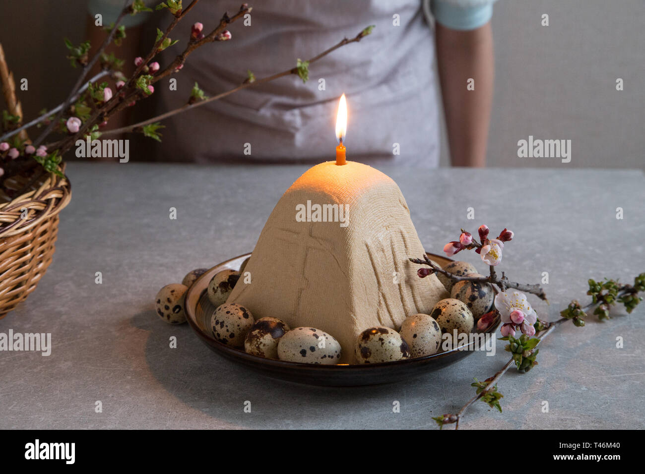 Paskha and kulich, Traditional Orthodox Easter Quark Dessert Curd. Easter background ...