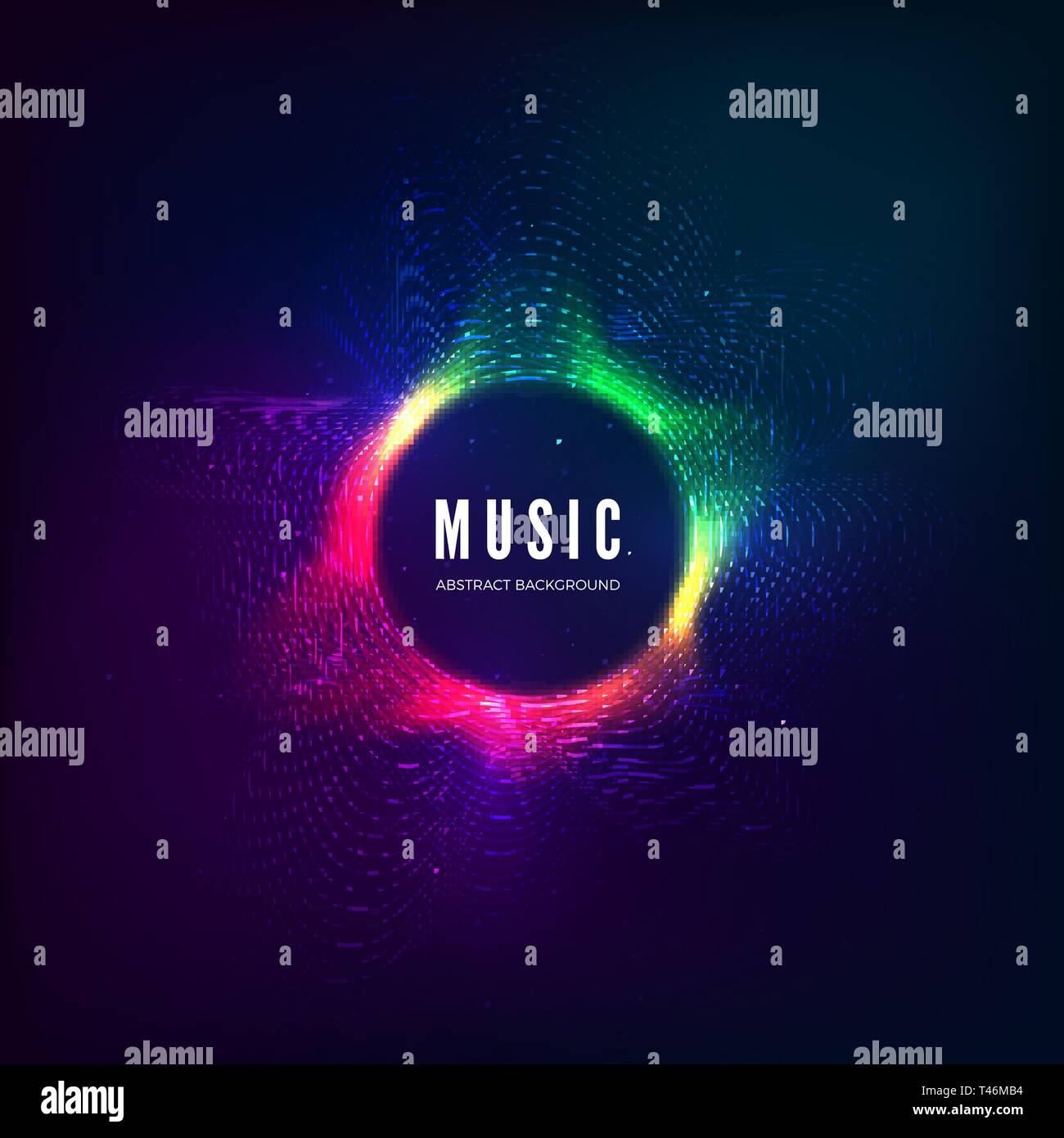 Radial sound wave curve with light particles. Colorful equalizer visualisation. Abstract ...
