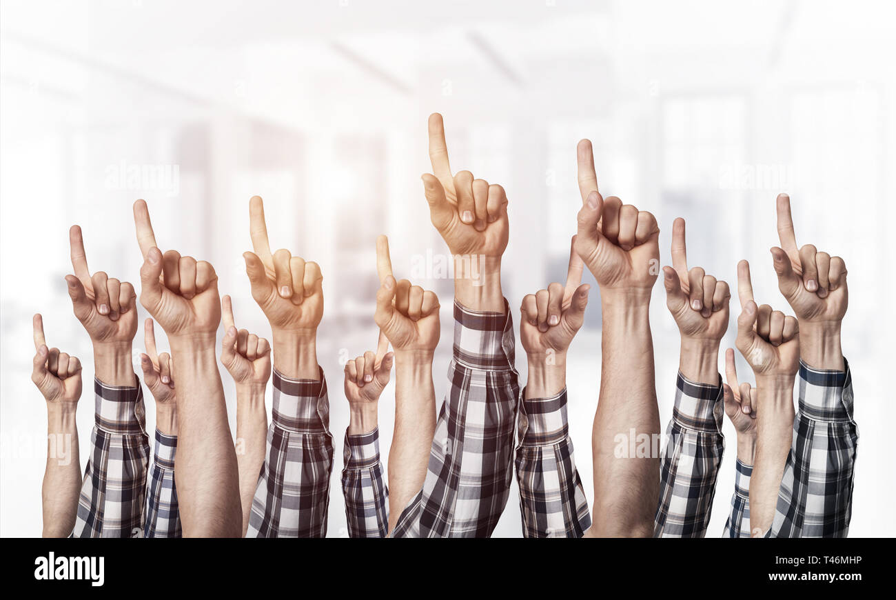 Row of man hands showing finger pointing gesture with forefinger. Group ...