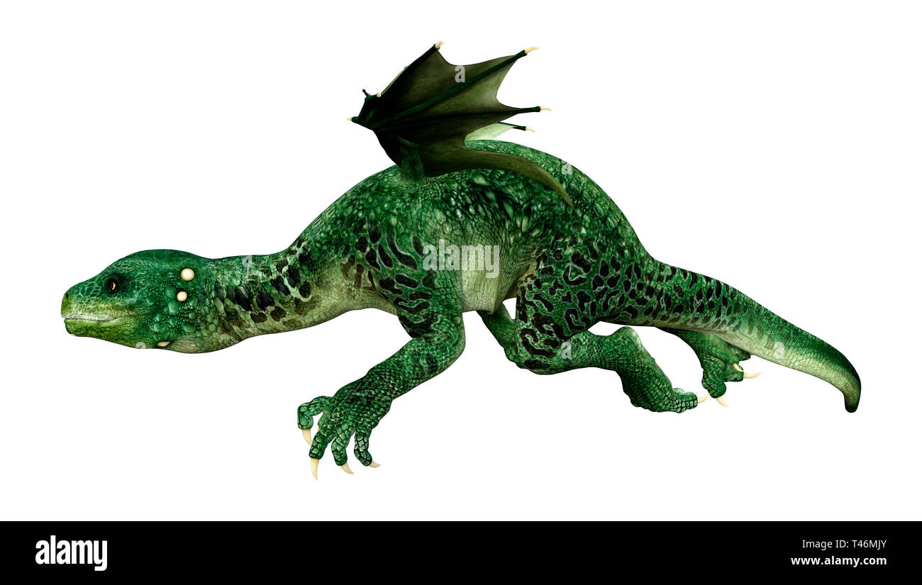 3D rendering of a green fantasy hatchling dragon isolated on white ...