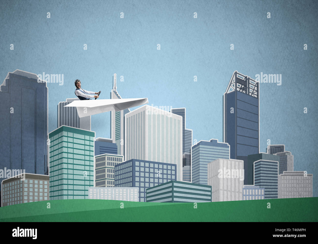 Businessman in aviator hat sitting in paper plane and holding steering ...