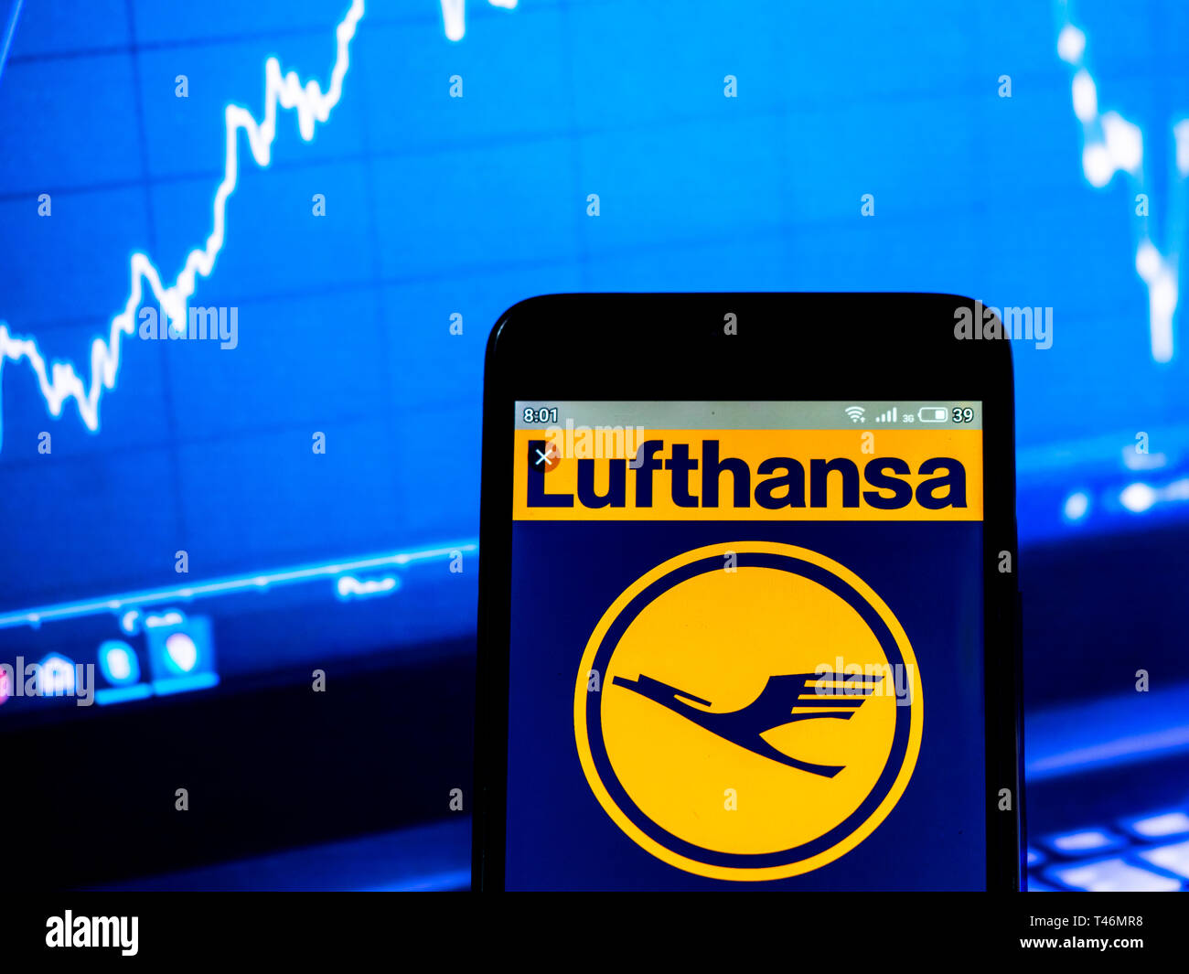 In this photo illustration a Deutsche Lufthansa AG logo seen displayed ...