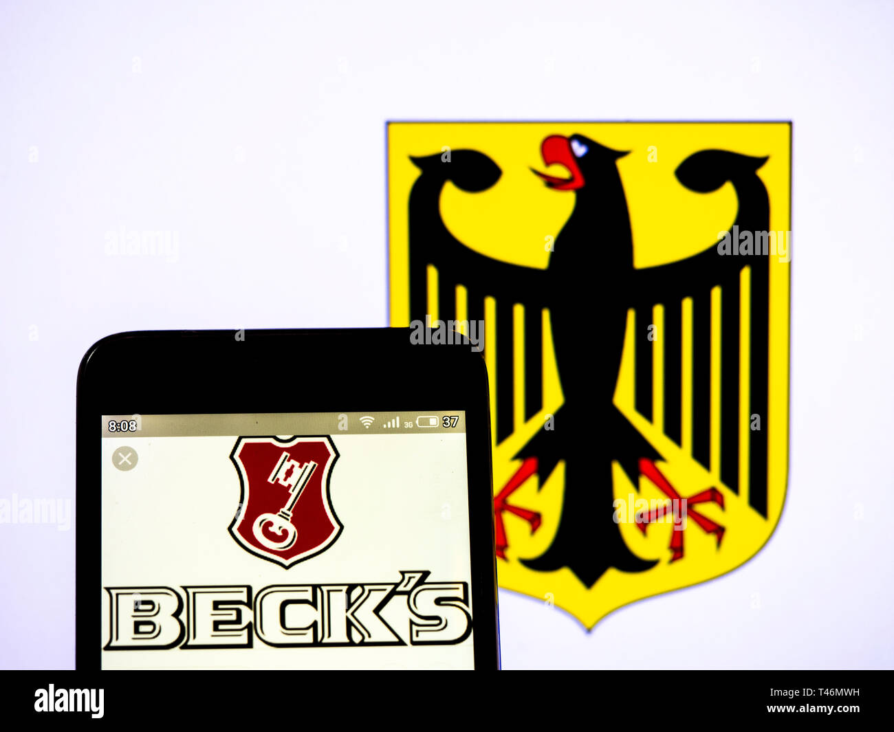 In this photo illustration a Beck’s logo seen displayed on a smart ...