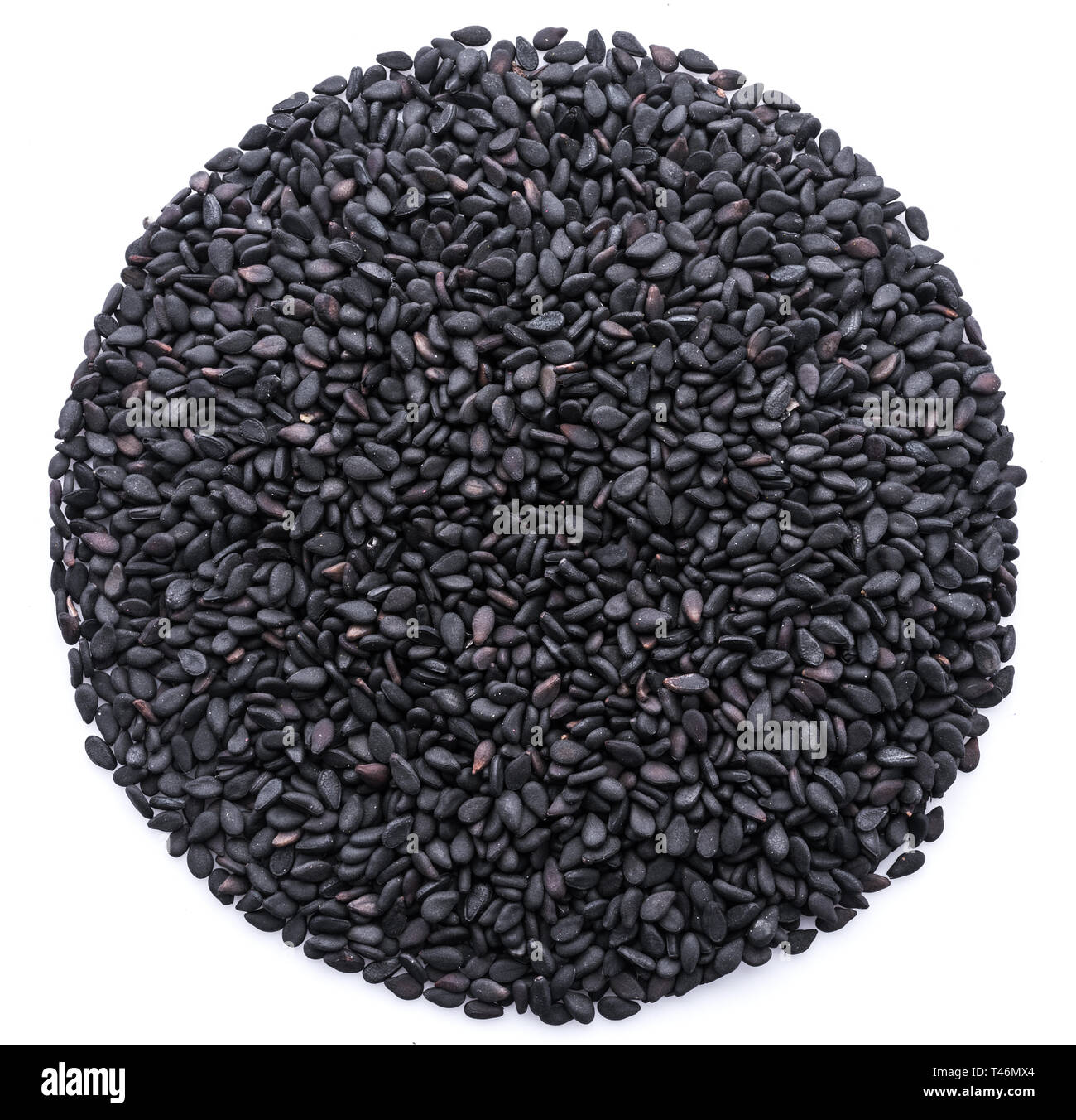 Black sesame seeds arranged in shape of circle on white background. Top ...