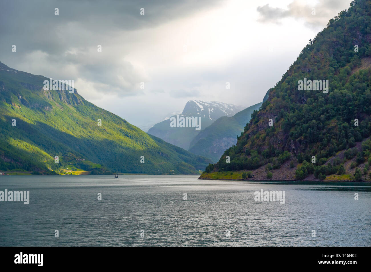 Ferry ship with cars and passengers on Norwegian fjord. Norway nature ...