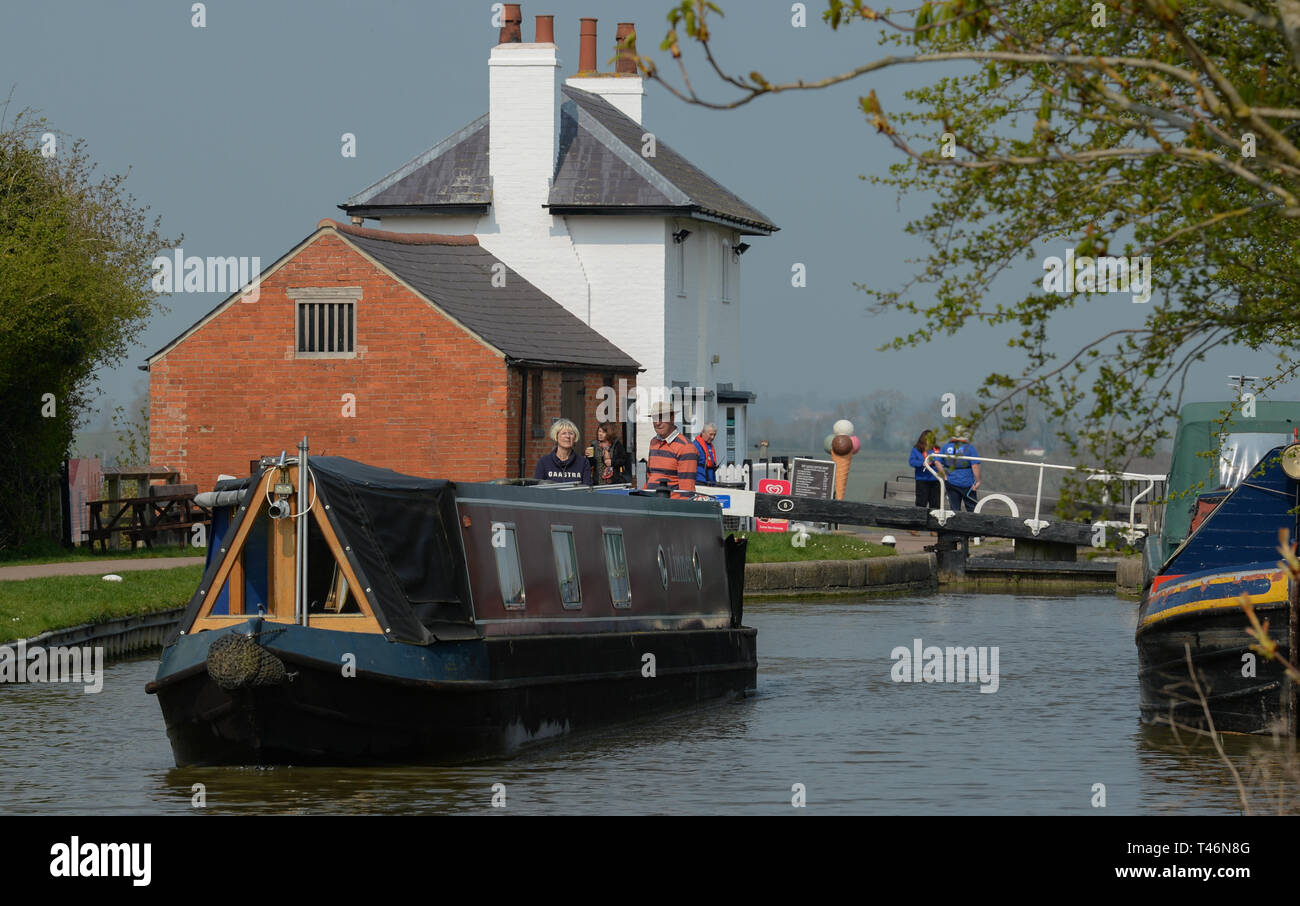 Canal boat exits Foxton top lock.Foxton locks is the largest staircase ...