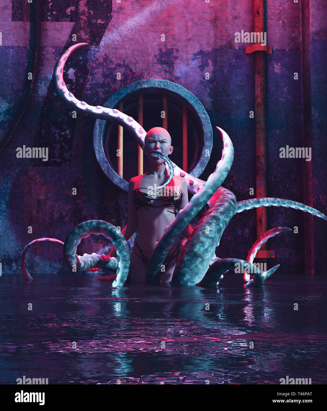 Woman with a monster creature in abandoned sewer,3d rendering Stock ...