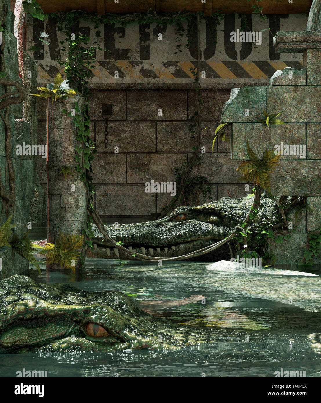 Alligator's tank please keep out,3d rendering Stock Photo - Alamy