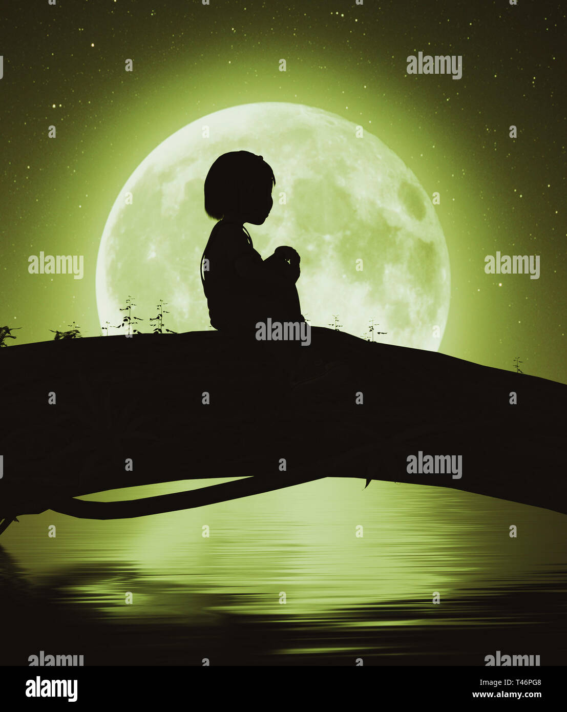 Girl sitting alone on a tree trunk under the moon light,3d rendering ...