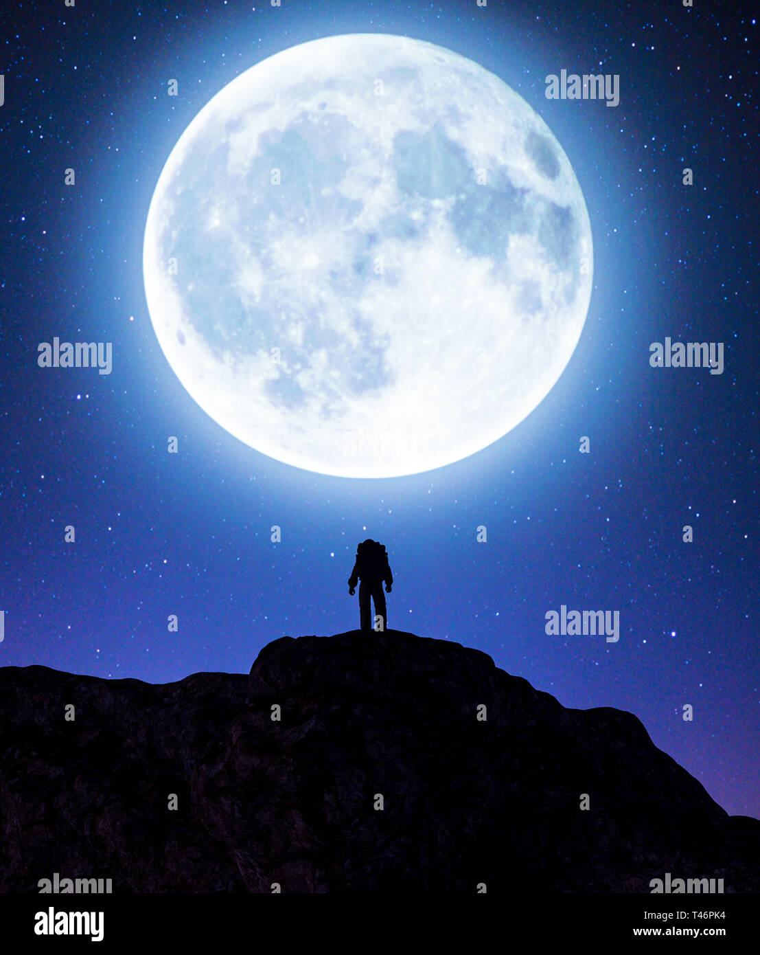 Astronaut on top of a mountain peak with big moon,3d rendering Stock ...