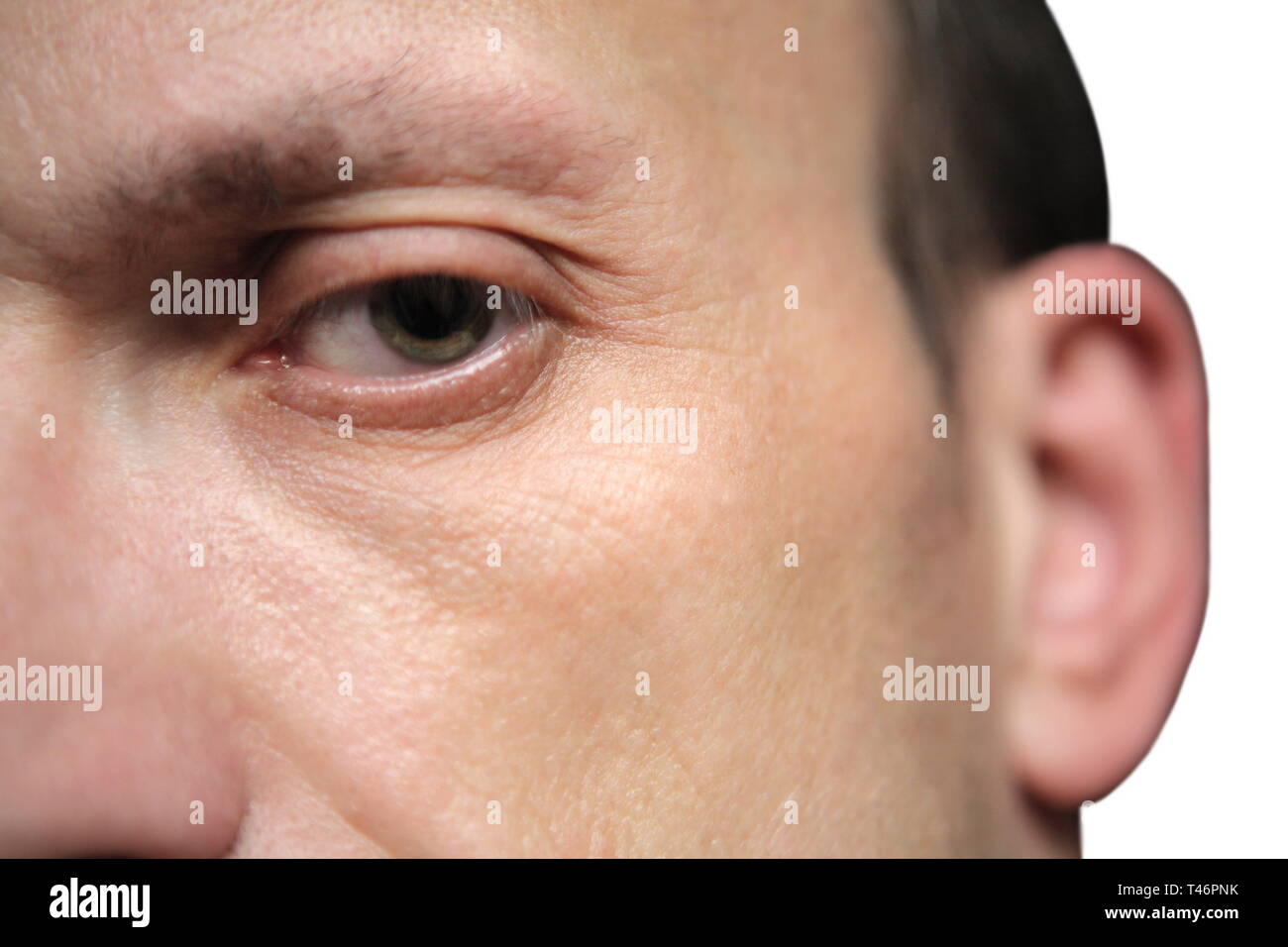 one eye of man close up isolated on white background Stock Photo - Alamy