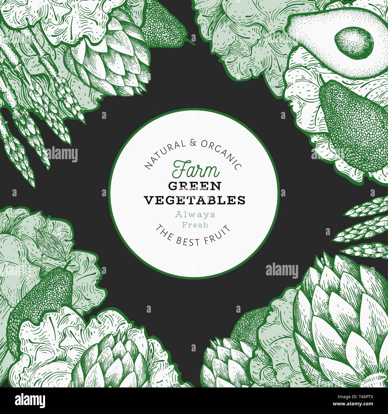 Green vegetable design template. Hand drawn vector food illustration on ...