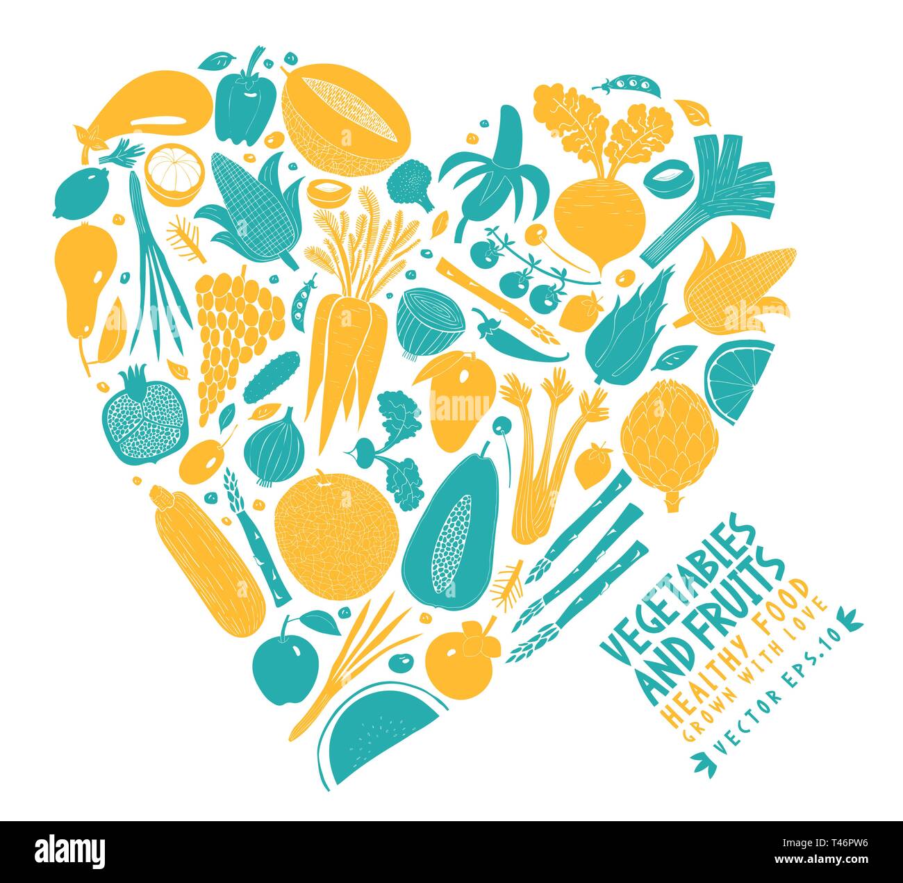 Vector vegetables and fruits arranged in the shape of a heart design ...