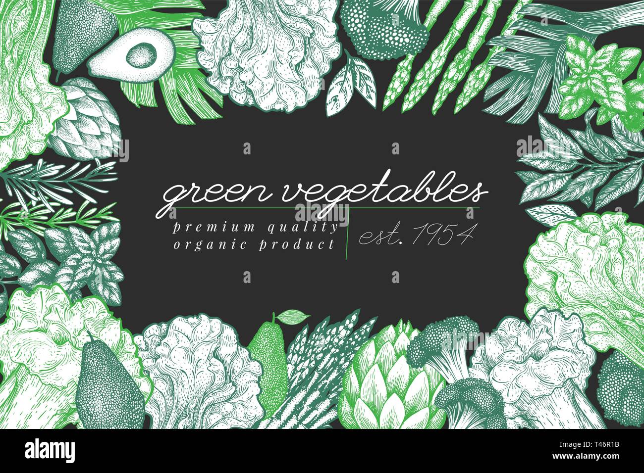 Green vegetables design template. Hand drawn vector food illustration ...