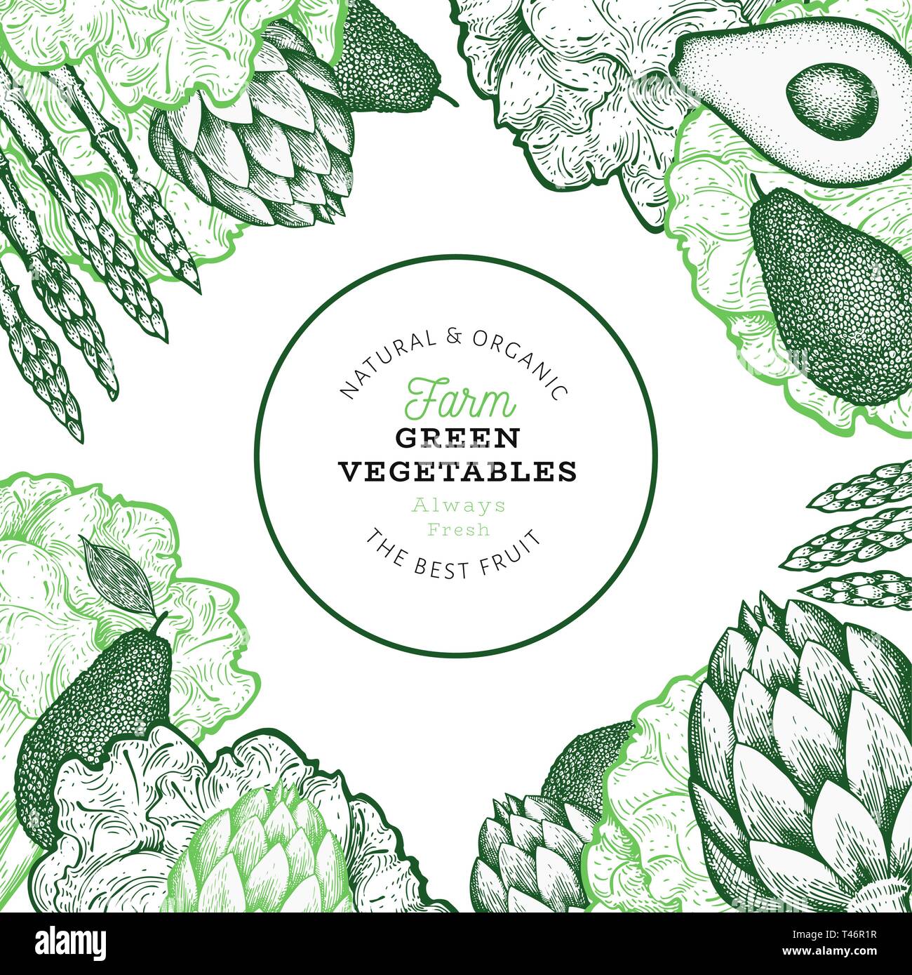 Green vegetables design template. Hand drawn vector food illustration ...