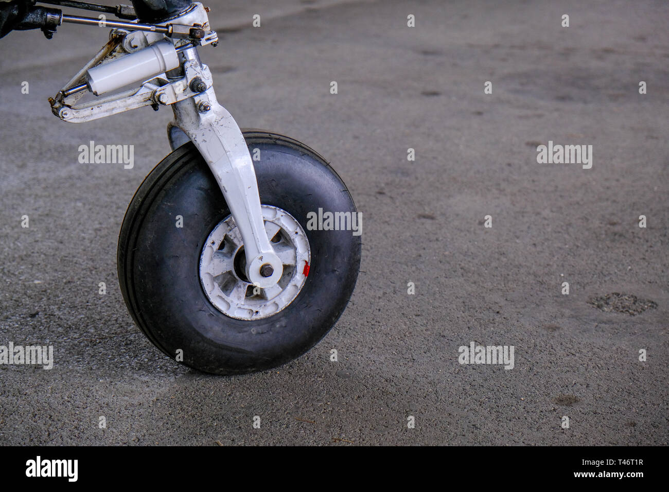 Landing gear close up, light sport aicraft wheel, detailed side view ...