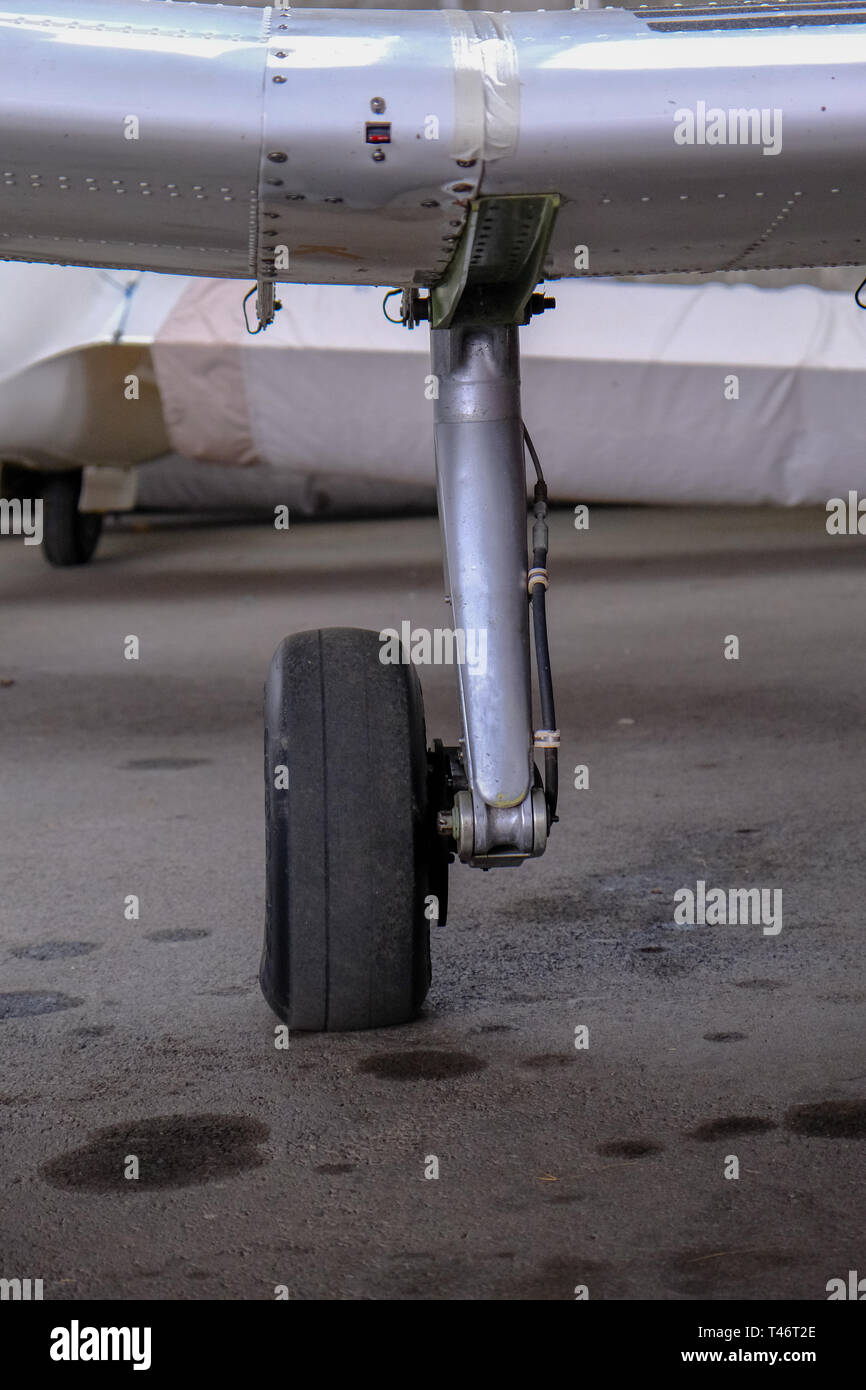 Landing gear close up, light sport aicraft wheel, front view of main ...