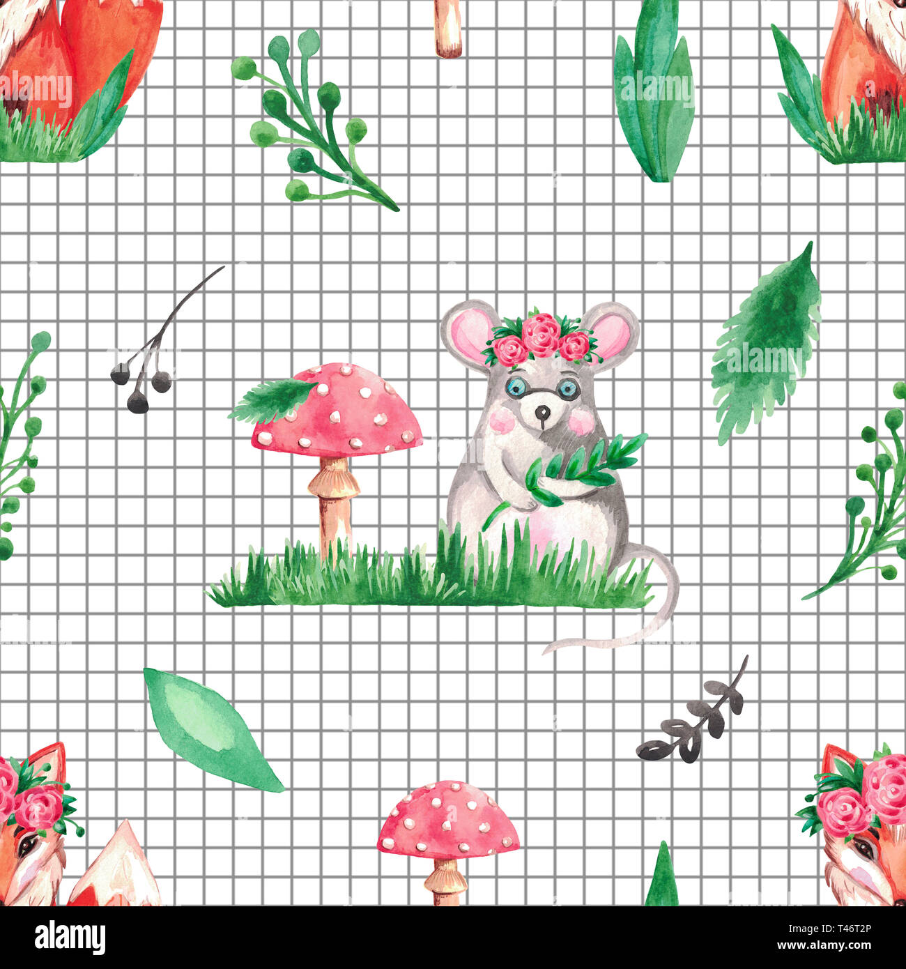 Seamless pattern watercolor illustration of a Fox mouse plants . Hand ...