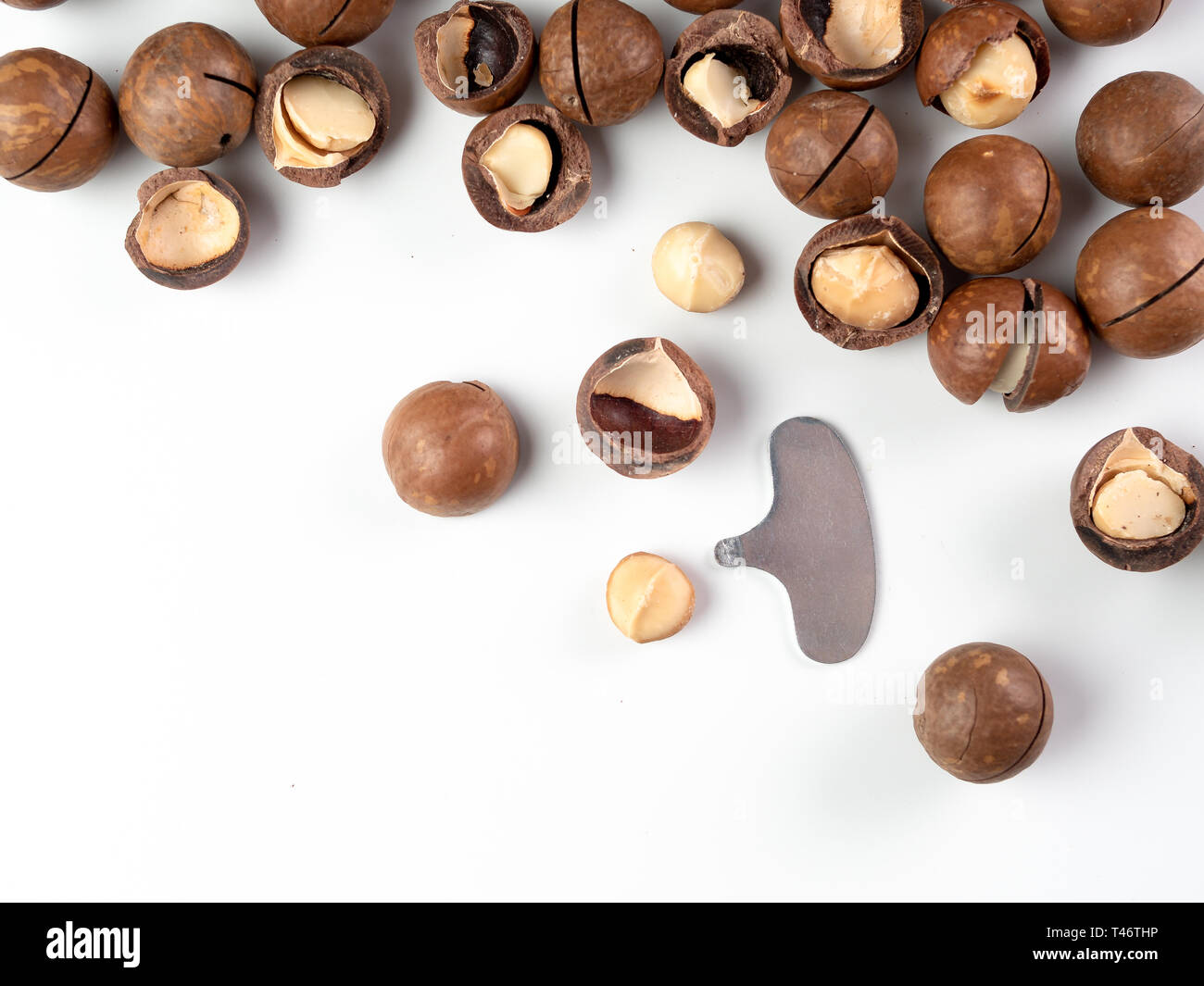 Set of macadamia nuts and nut cracker sheller on white background. Set ...