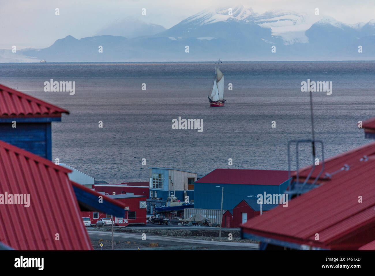 sailing ship arrives the port on Svalbard, LONGYEARBYEN, SPITSBERGEN ...