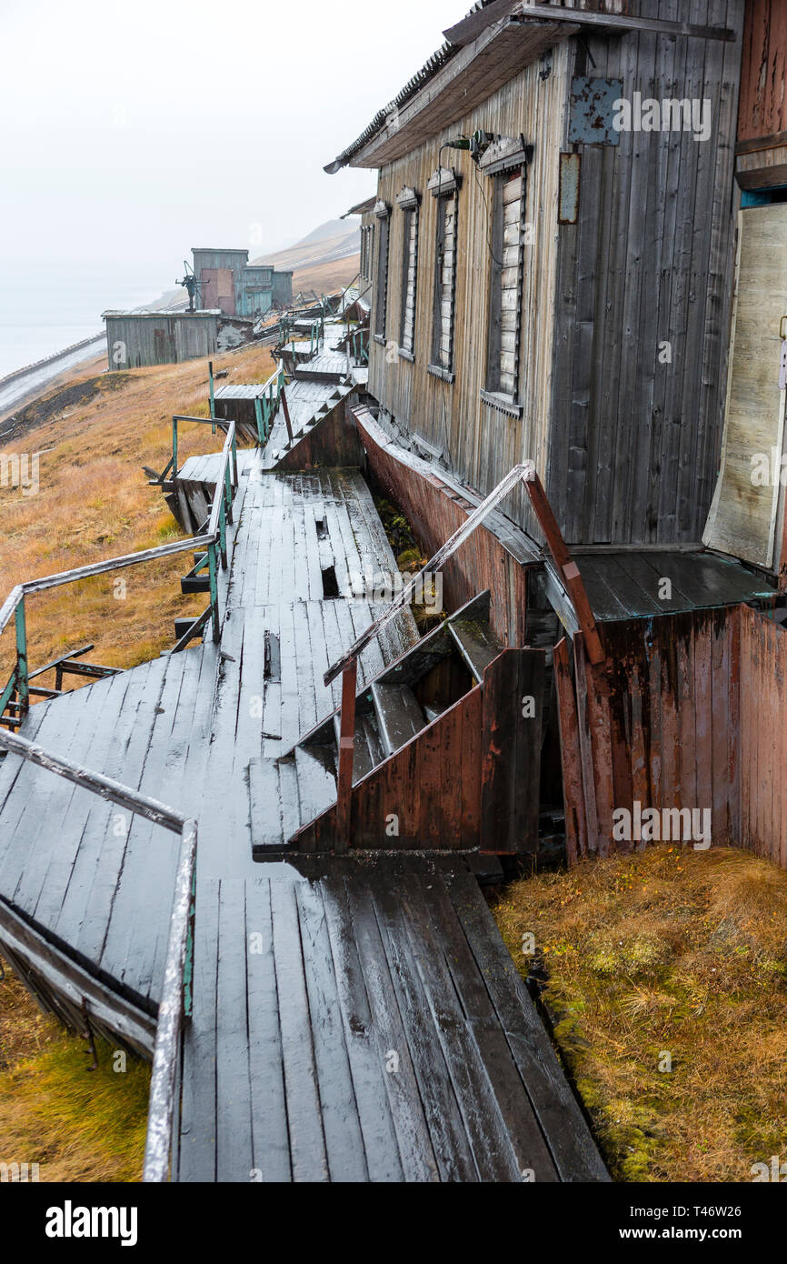 Wooden House at Barentsburg Harbour, Russian territory, Svalbard ...