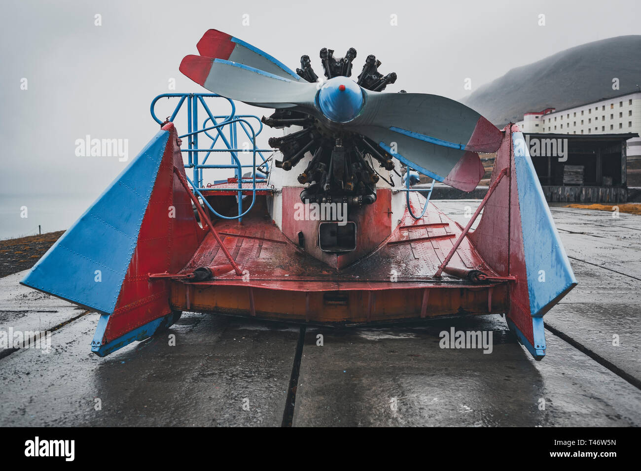retired old russian radial engine propeller Boat at Barentsburg ...
