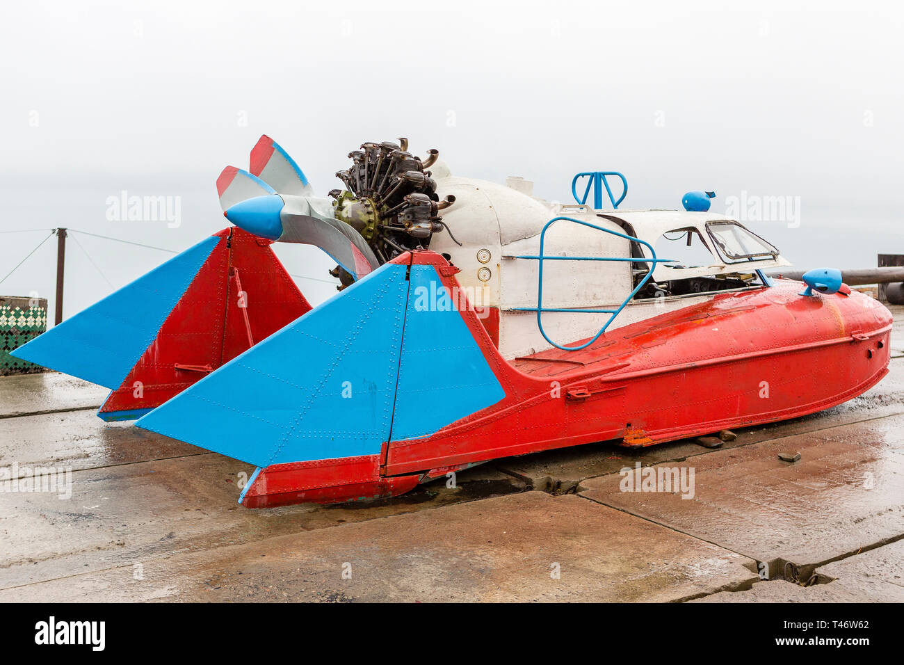 retired old russian radial engine propeller Boat at Barentsburg ...