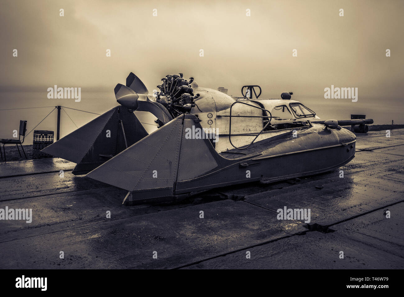 retired old russian radial engine propeller Boat at Barentsburg ...