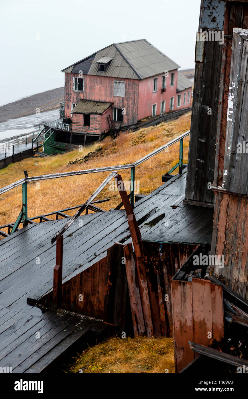 Wooden House at Barentsburg Harbour, Russian territory, Svalbard ...