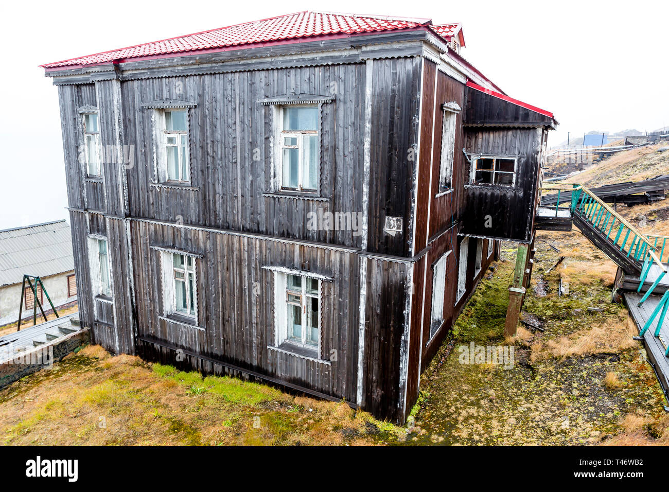 Wooden House at Barentsburg Harbour, Russian territory, Svalbard ...