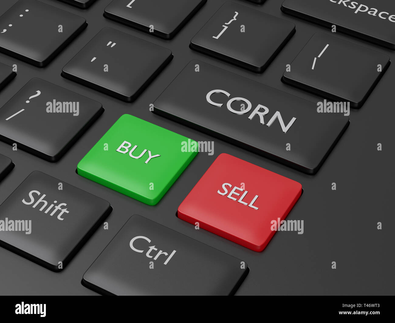 3d render of keyboard with corn key. Stock market agricultural ...