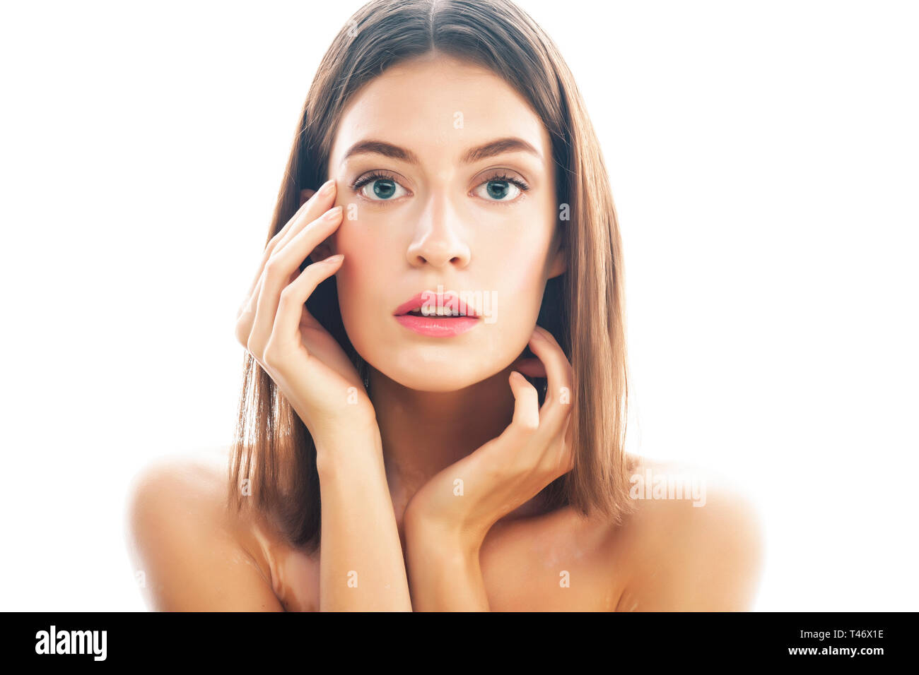 beautiful young brunette woman with vitiligo disease close up isolated ...