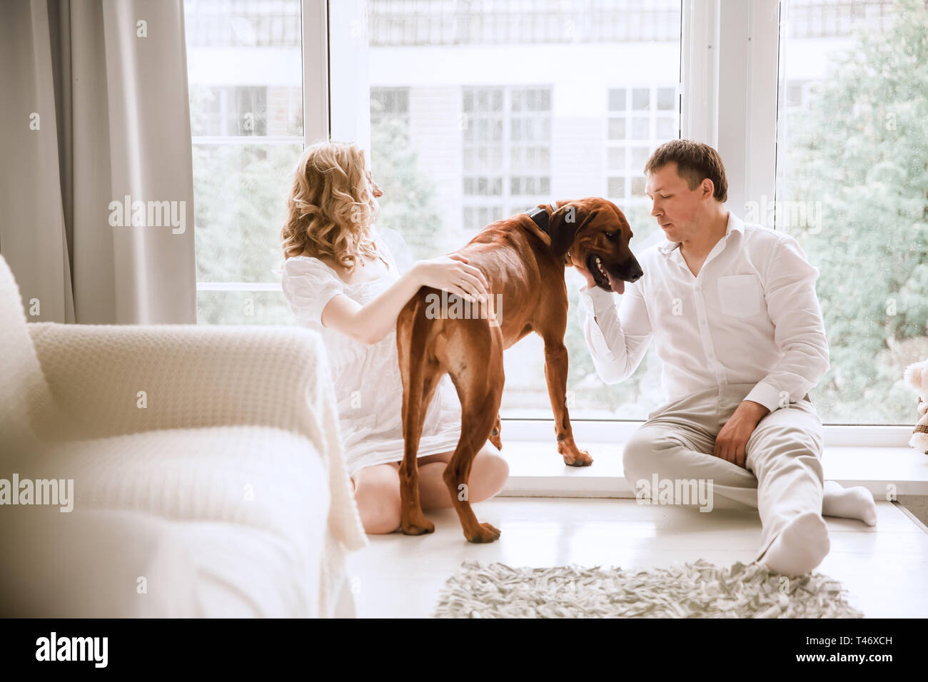 happy young couple sitting by the window in the living room. photo with ...