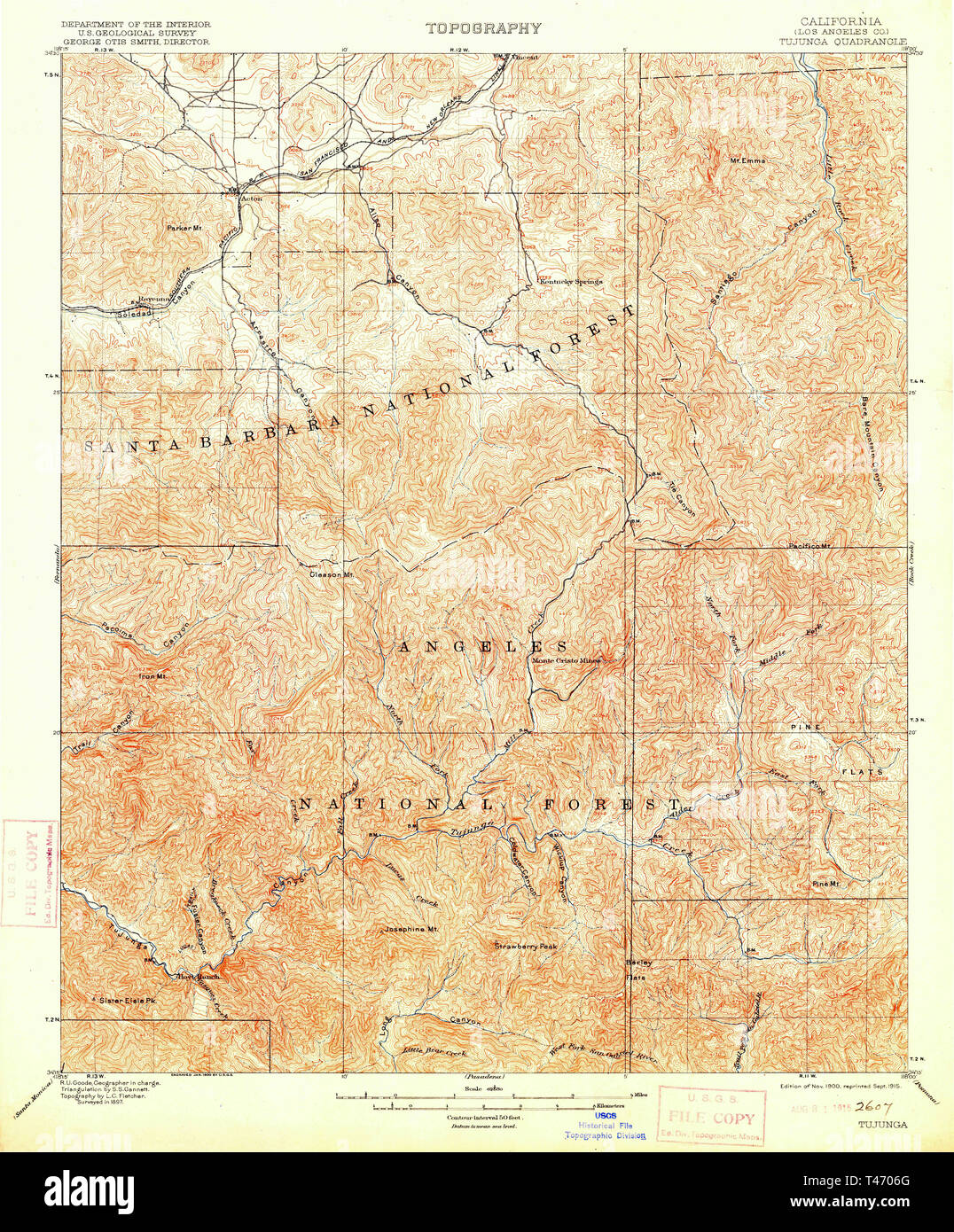 USGS TOPO Map California CA Tujunga 299001 1900 62500 Restoration Stock ...