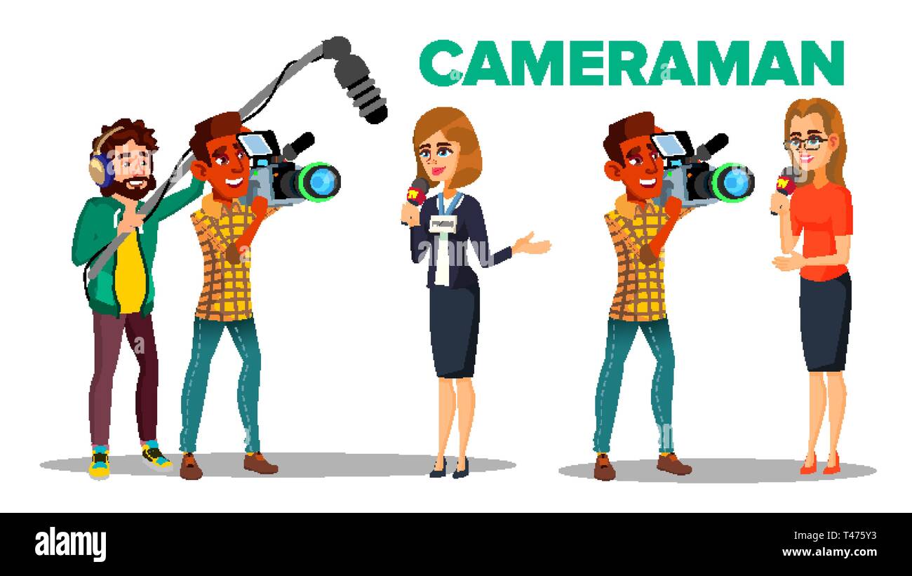 Cameraman Filming Journalist Interview Cartoon Vector Character Stock ...