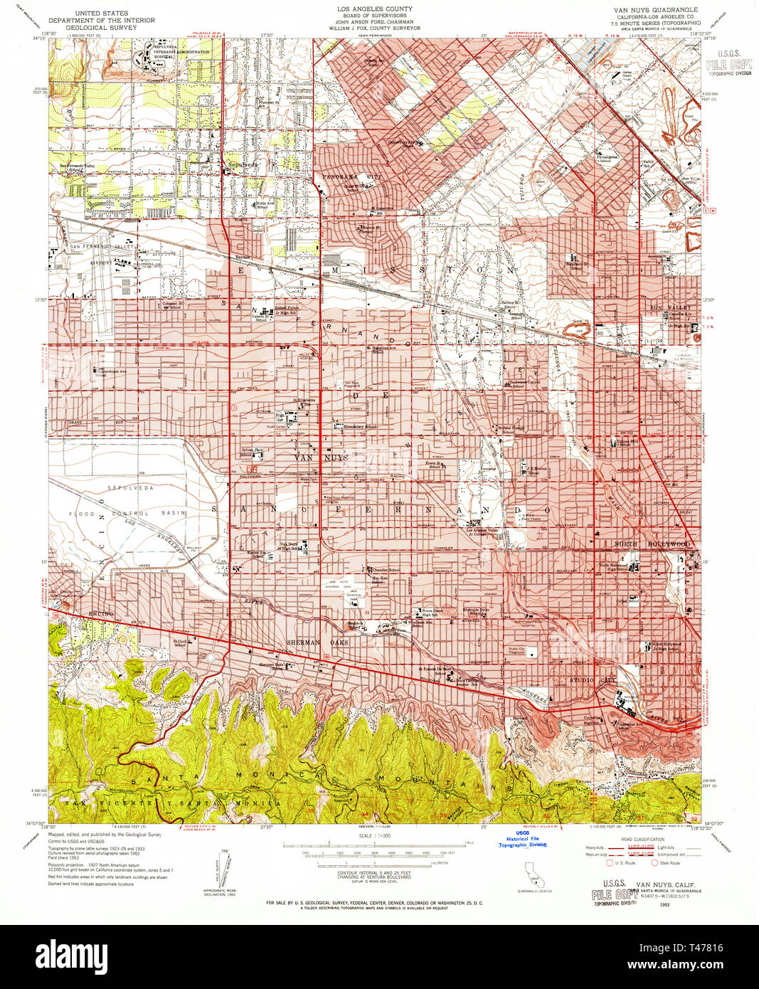 USGS TOPO Map California CA Van Nuys 301104 1953 24000 Restoration Stock Photo - Alamy