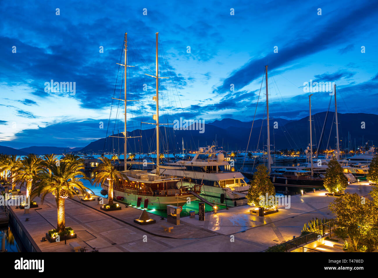 Night view of Porto Montenegro Tivat, Montenegro April 12 2019 Stock ...