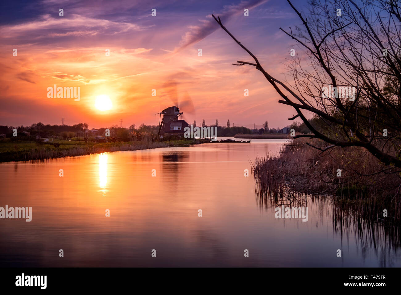 Historic dutch windmill at sunset in Leiden, Holland Stock Photo - Alamy