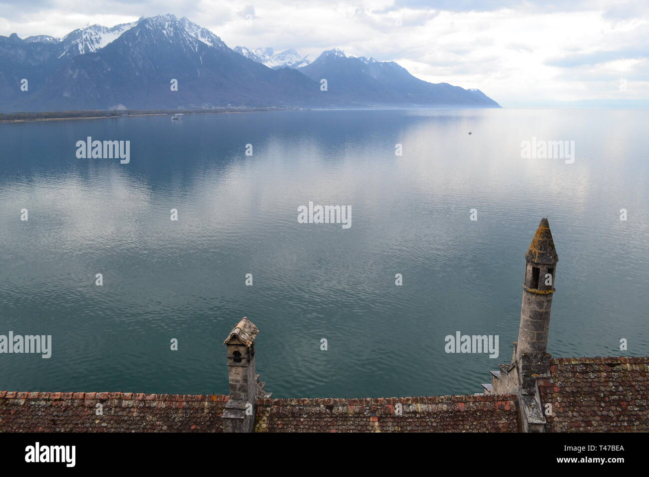 Medieval chimney and roof of Chillon Castle, Montreux, Switzerland on a ...