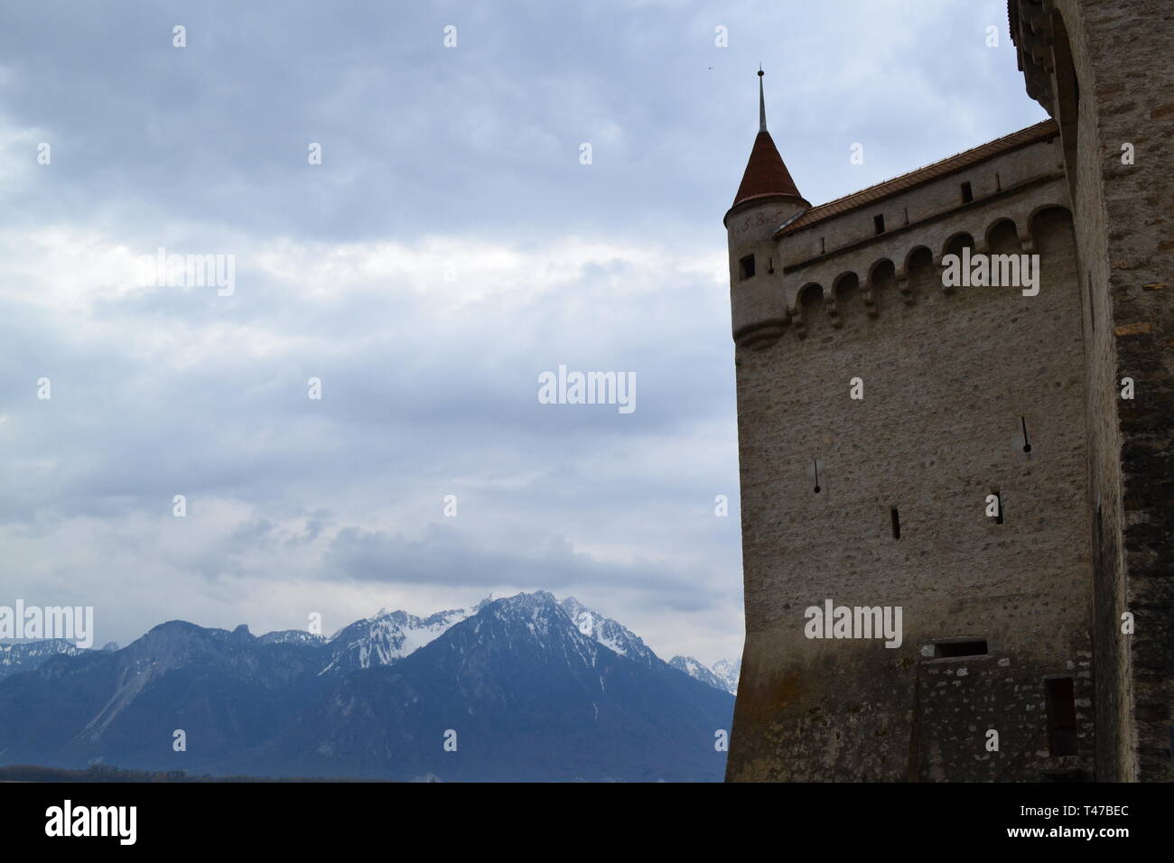 Medieval turret and wall of Chillon Castle, Montreux, Switzerland, on a ...