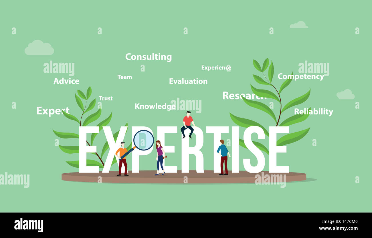 expertise concept with people team and big text with leaf and text ...
