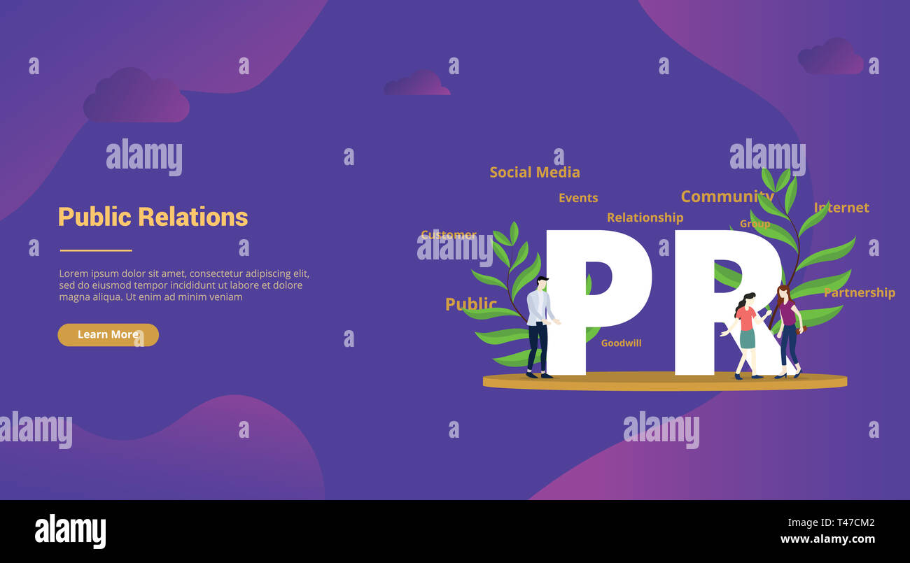 pr public relations concept with big text and people team for website ...