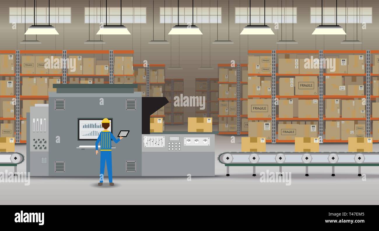 Warehouse process with worker work with machine and conveyor belt flat ...