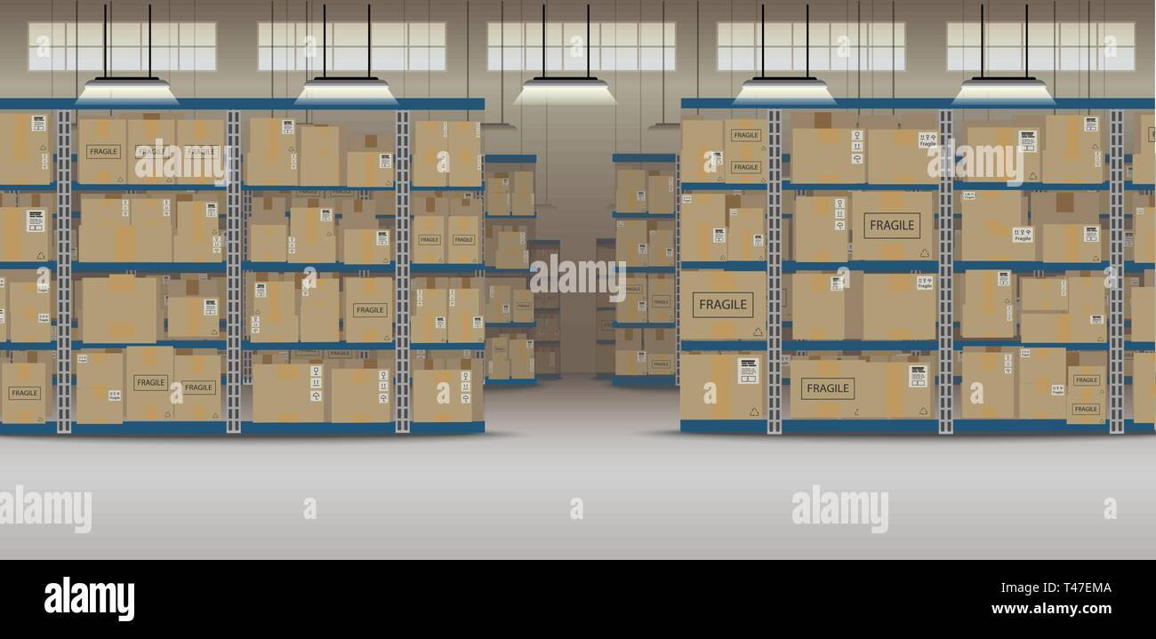 Warehouse interior with boxes on racks flat design vector illustration ...