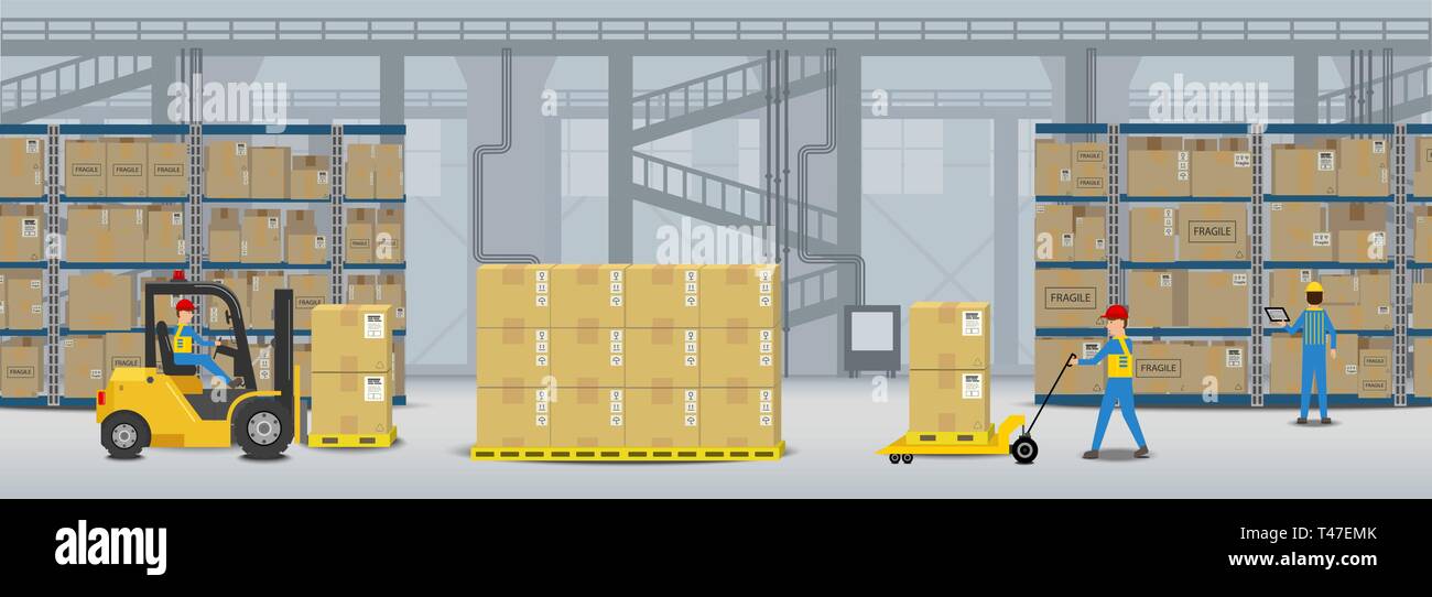 Warehouse interior with workers working flat design vector illustration ...