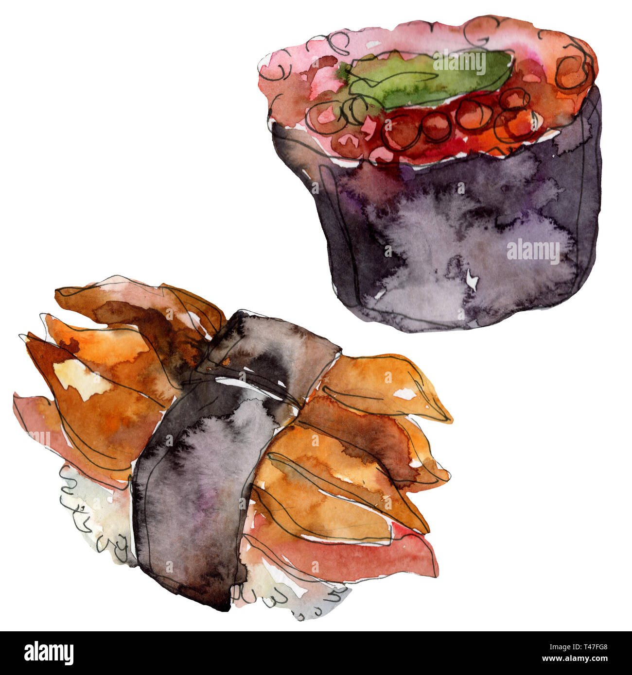 Watercolor sushi set of beautiful tasty japanese food illustration ...