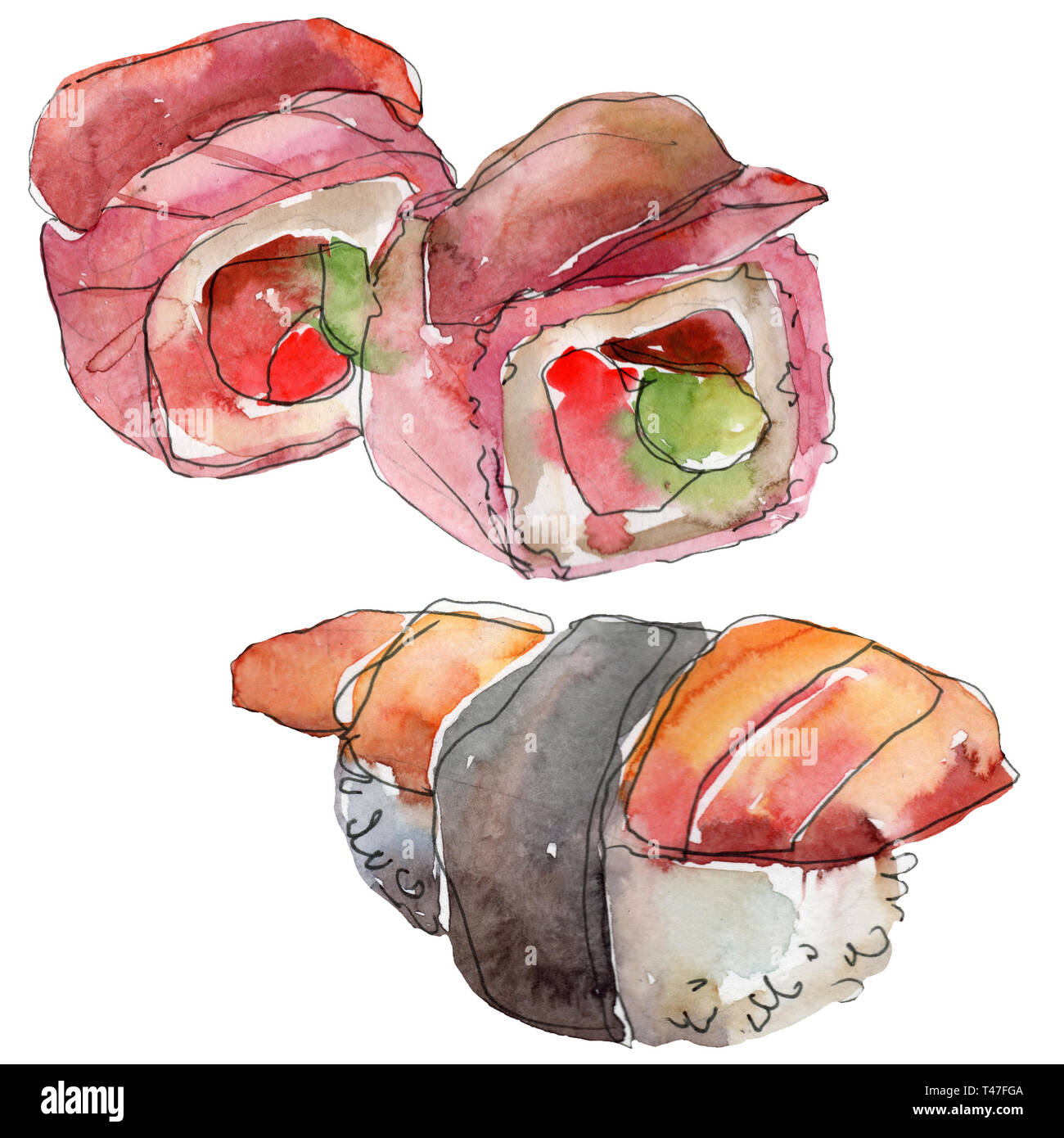 Watercolor sushi set of beautiful tasty japanese food illustration ...